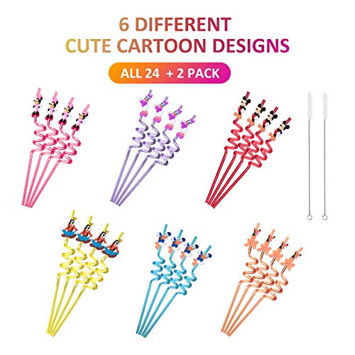 24 Mouse Straws with 2 Cleaning Brush 6 Designs Great for Mickey Theme Birthday Minnie Party Favors and Party Supplies