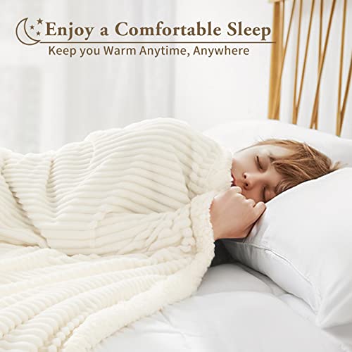 LBRO2M Striped Sherpa Fleece Bed Blanket Queen Size, Super Soft Fuzzy Plush Warm Cozy Fluffy Microfiber Couch Throw Velvet Double Reversible Luxurious Blankets (90x90),Ivory