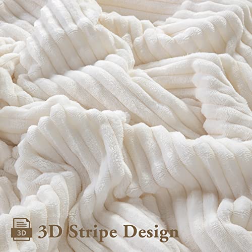 LBRO2M Striped Sherpa Fleece Bed Blanket Queen Size, Super Soft Fuzzy Plush Warm Cozy Fluffy Microfiber Couch Throw Velvet Double Reversible Luxurious Blankets (90x90),Ivory