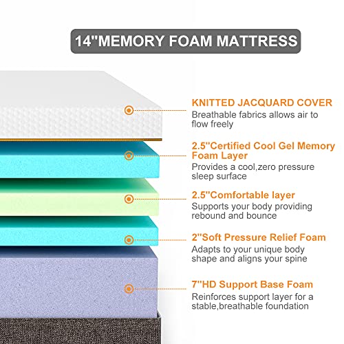 OYT 14" King Size Mattress and King Size Pillow 2-Pack, Gel Memory Foam Twin Bed Mattress in a Box and Cooling Shredded Memory Foam Pillows with CertiPUR-US Certified Foam for Sleep Supportive