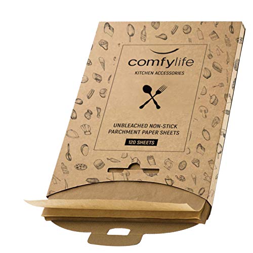 Comfylife 120 x Parchment Paper Sheets - No Curl, No Tear, No Burn Baking Paper (16 x 12 inch) – Precut Parchment Paper For Baking – No Chemical Unbleached Parchment Paper – Cookie Paper Baking Sheets