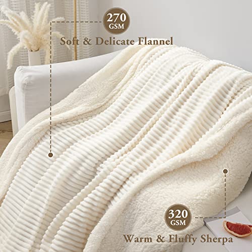 LBRO2M Striped Sherpa Fleece Bed Blanket Queen Size, Super Soft Fuzzy Plush Warm Cozy Fluffy Microfiber Couch Throw Velvet Double Reversible Luxurious Blankets (90x90),Ivory
