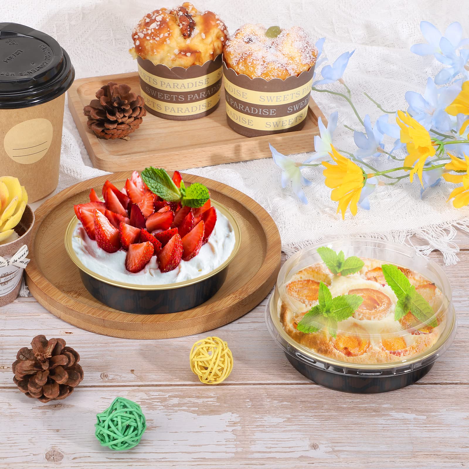 Beasea 100 Pack 4” Mini Pans with Lids, 8oz Disposable Aluminum Baking Foil Tins Round Small Dark Red Spot Container for Individual Cupcake Dessert Muffin Ramekin Cheesecake Quiche Oven Dishes