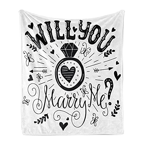 Ambesonne Engagement Party Throw Blanket, Western Themed Will You Marry Me Words with Hearts Celebration Image, Flannel Fleece Accent Piece Soft Couch Cover for Adults, 50" x 70", Black and White