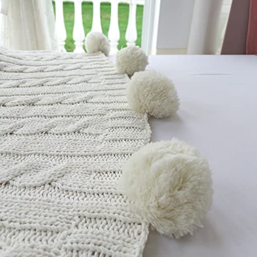 Chenille Chunky Knitted Throw Blanket with 14pcs Pom Poms Tassel Super Soft Cozy Warm Blanket for Sofa Bed Soft Couch 50 x60 inches (White)¡­