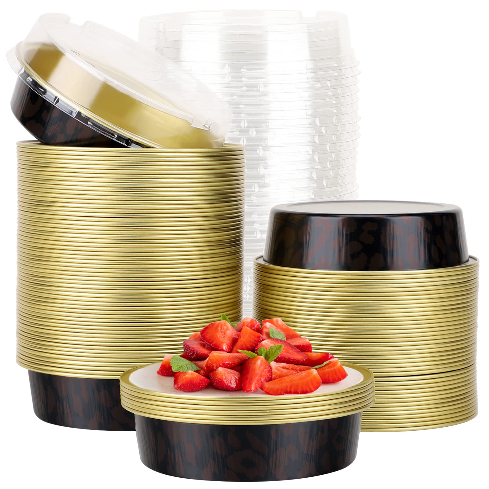 Beasea 100 Pack 4” Mini Pans with Lids, 8oz Disposable Aluminum Baking Foil Tins Round Small Dark Red Spot Container for Individual Cupcake Dessert Muffin Ramekin Cheesecake Quiche Oven Dishes