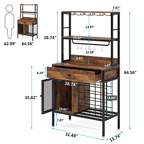 Tribesigns Wine Bar Cabinet with Storage Drawer, 64 Inches Tall 32-Bottles Large Capacity Freestanding Wine Rack Bar Cabinet with 6 Hooks for Home Bar, Kitchen, Wine Cellar, Rustic Brown