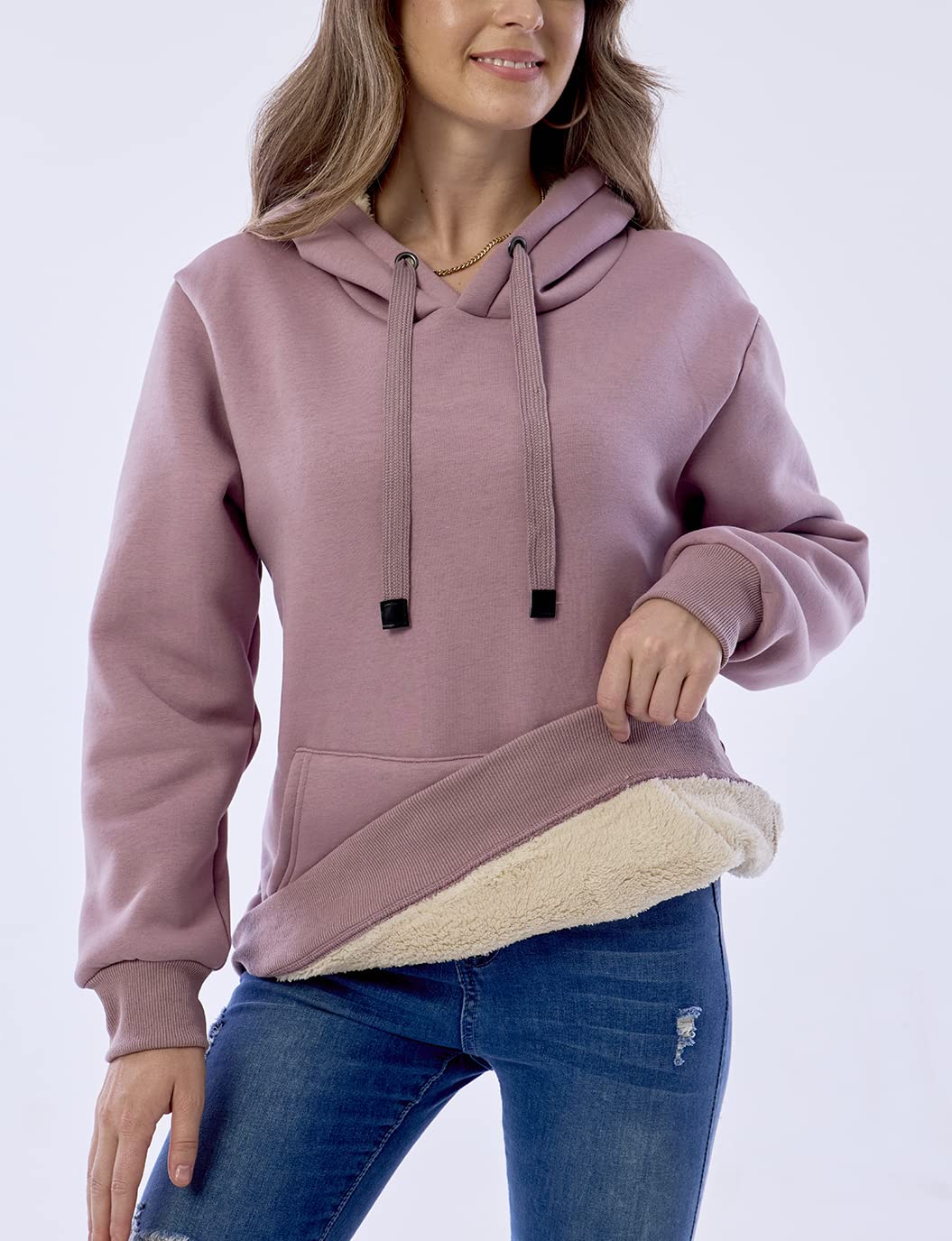 Fenclushy Womens Winter Hoodies Warm Fleece Sherpa Lined Pullover Hooded Sweatshirt(Purple,M)