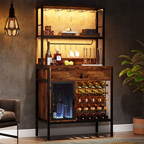 Tribesigns Wine Bar Cabinet with Storage Drawer, 64 Inches Tall 32-Bottles Large Capacity Freestanding Wine Rack Bar Cabinet with 6 Hooks for Home Bar, Kitchen, Wine Cellar, Rustic Brown