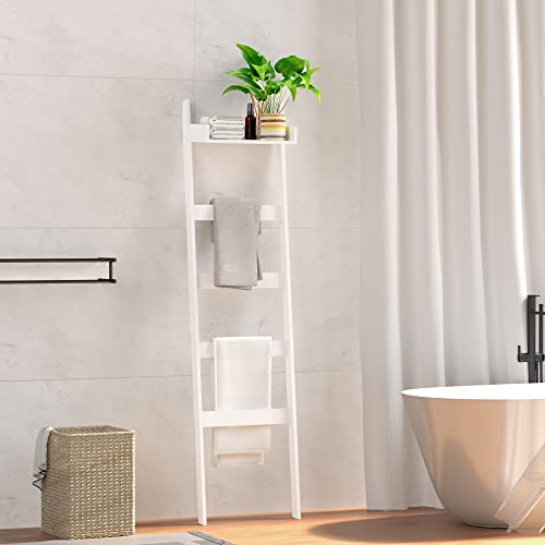 WTZ Blanket Ladder, 5-Layer Towel Racks, with Shelf Board, Blanket Holder with Anti Slip Construction Home Decor, Decorative Blanket, Quilt, Towel, Scarf Ladder Shelves for, Bedroom, Bathroom, White