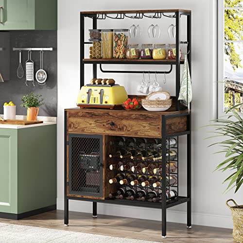 Tribesigns Wine Bar Cabinet with Storage Drawer, 64 Inches Tall 32-Bottles Large Capacity Freestanding Wine Rack Bar Cabinet with 6 Hooks for Home Bar, Kitchen, Wine Cellar, Rustic Brown
