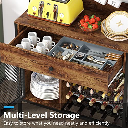 Tribesigns Wine Bar Cabinet with Storage Drawer, 64 Inches Tall 32-Bottles Large Capacity Freestanding Wine Rack Bar Cabinet with 6 Hooks for Home Bar, Kitchen, Wine Cellar, Rustic Brown