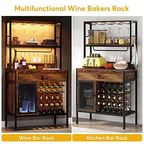 Tribesigns Wine Bar Cabinet with Storage Drawer, 64 Inches Tall 32-Bottles Large Capacity Freestanding Wine Rack Bar Cabinet with 6 Hooks for Home Bar, Kitchen, Wine Cellar, Rustic Brown