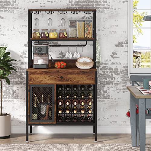 Tribesigns Wine Bar Cabinet with Storage Drawer, 64 Inches Tall 32-Bottles Large Capacity Freestanding Wine Rack Bar Cabinet with 6 Hooks for Home Bar, Kitchen, Wine Cellar, Rustic Brown