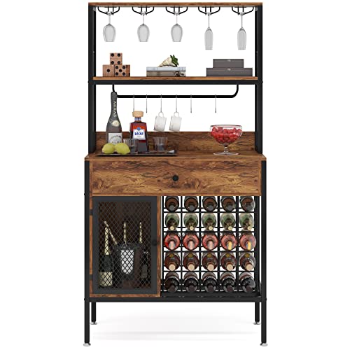 Tribesigns Wine Bar Cabinet with Storage Drawer, 64 Inches Tall 32-Bottles Large Capacity Freestanding Wine Rack Bar Cabinet with 6 Hooks for Home Bar, Kitchen, Wine Cellar, Rustic Brown