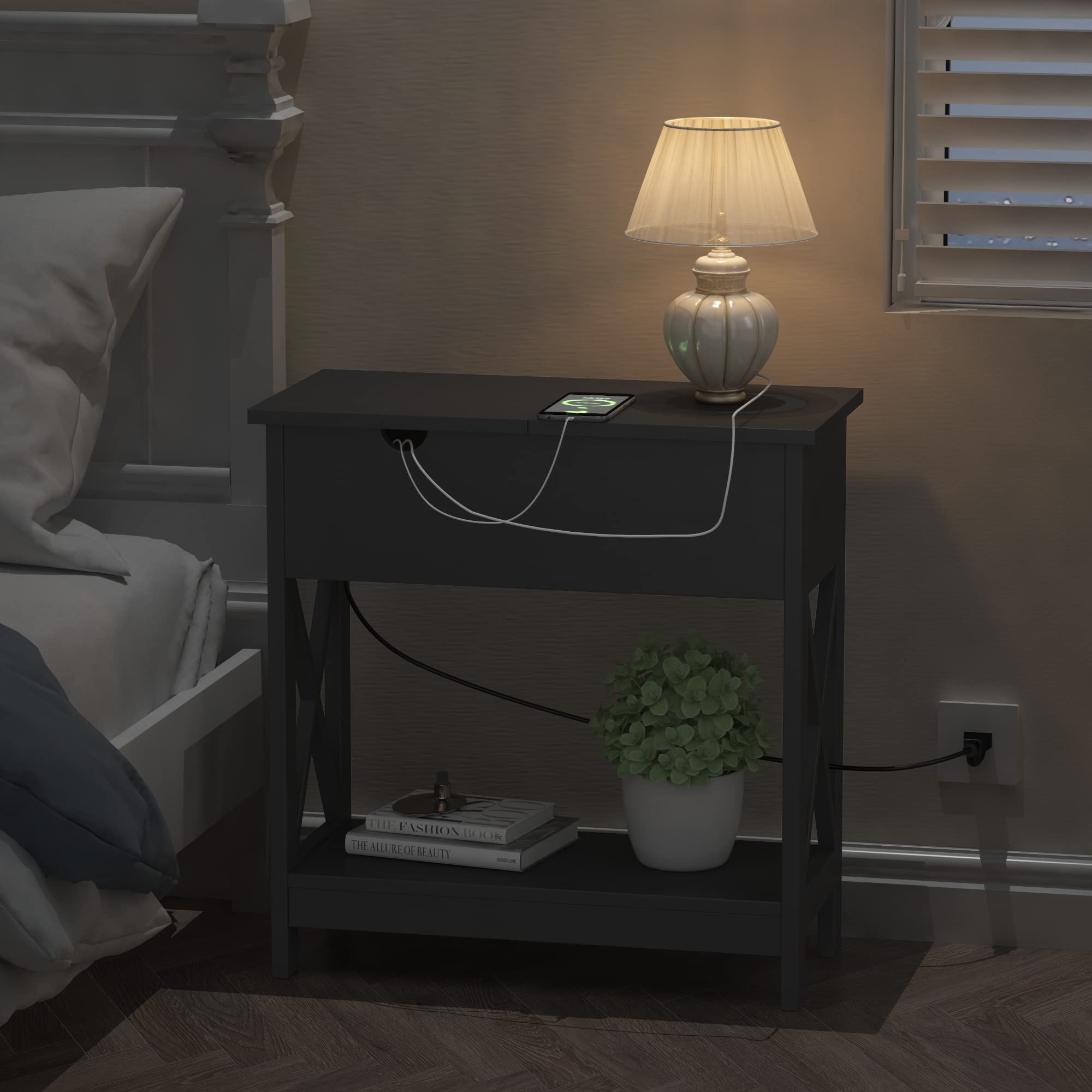 ChooChoo End Table with Charging Station - Narrow Flip Top Side for Small Spaces, Bedside Table with USB Ports & Power Outlets, Storage Nightstand Sofa Table for Living Room, Bedroom (Black).