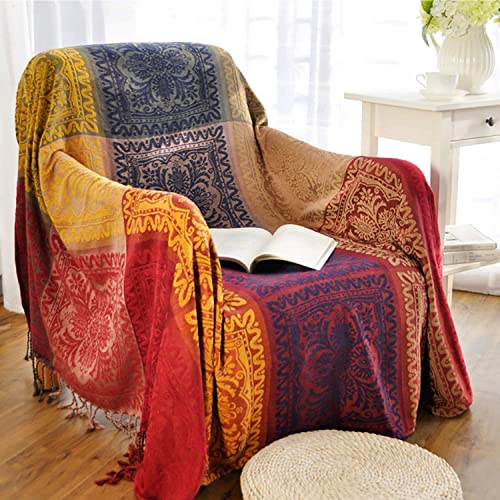 CaptainRay Bohemian Tribal Throws Blankets Reversible Colorful Red Blue Boho Hippie Chenille Jacquard Fabric Throw Covers Large Couch Furniture Sofa Chair Loveseat Recliner Oversized (Red, S:75X60)