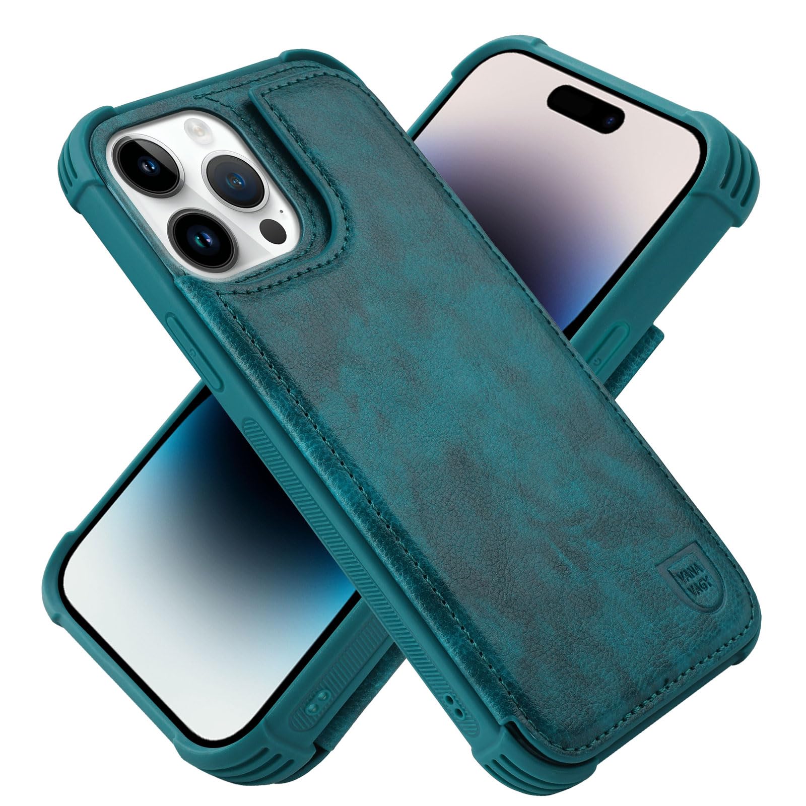 VANAVAGY Compatible with iPhone 14 Pro Max Wallet Case for Women and Men, Leather Flip Folio Phone Cover Fits Magnetic Car Mount with Credit Card Holder, Midnight Green
