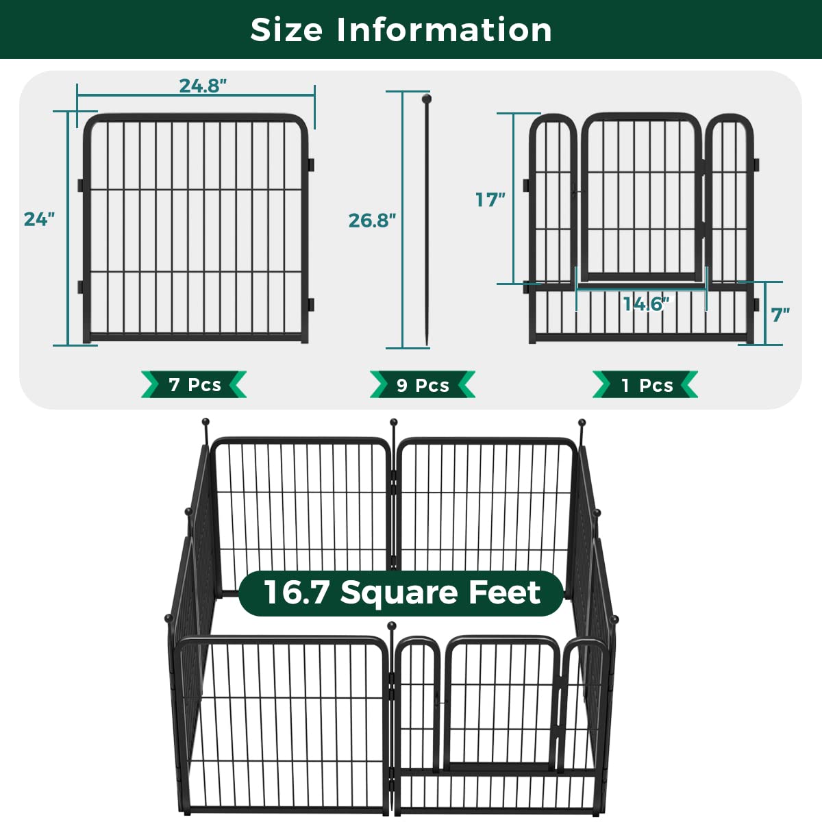 FXW Decorative Garden Metal Fence Temporary Animal Barrier for Yard, 8 Panels, 24inch, Black