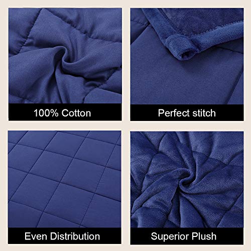 HAOWANER Reversible Weighted Blanket Cool Cotton Top+Soft Minky Bottom, 15lbs Plush Blankets for Twin/Full Size(48"x72") Bed, Premium Fleece Weight Comforter with Fluffy Heavy Throw for Adult, Blue
