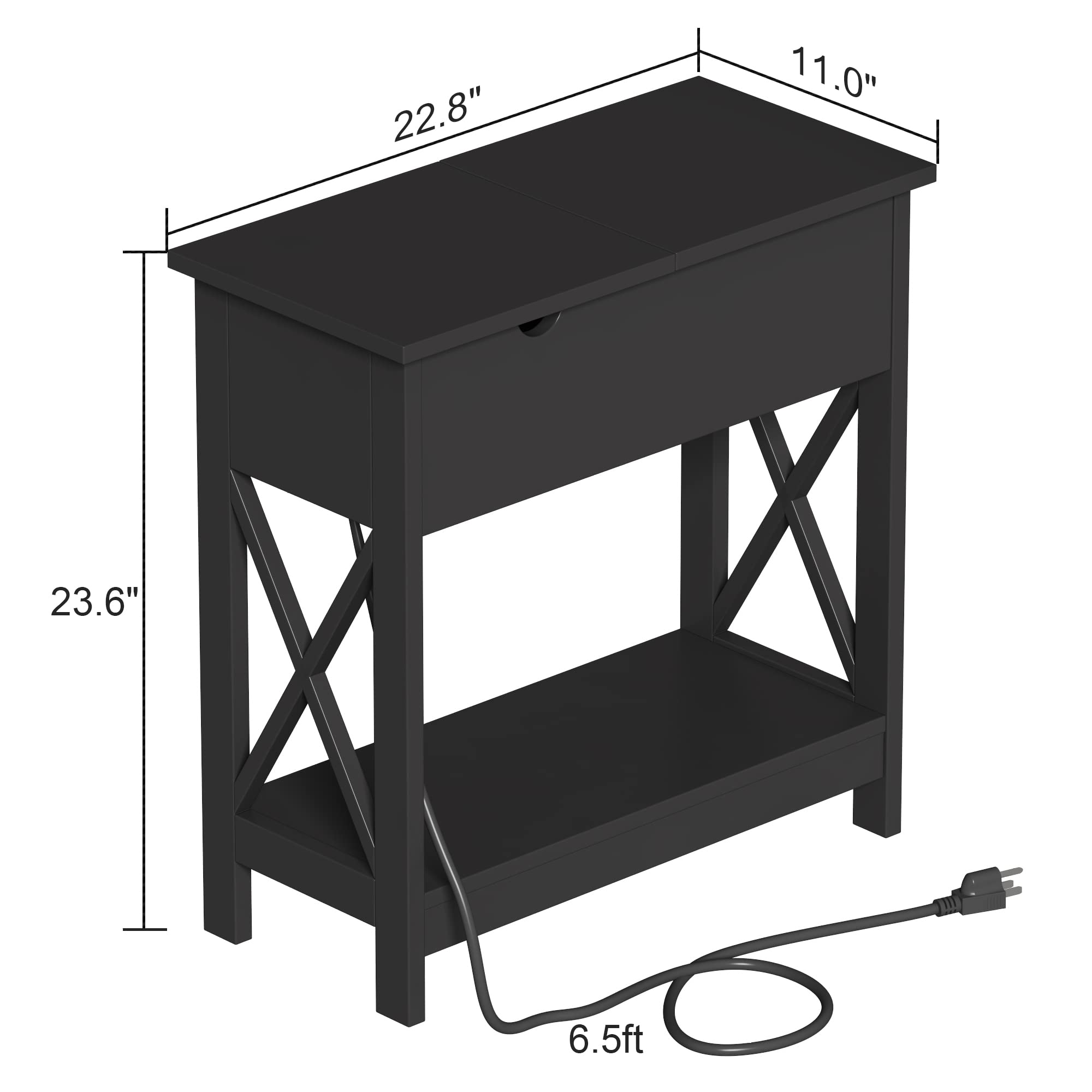 ChooChoo End Table with Charging Station - Narrow Flip Top Side for Small Spaces, Bedside Table with USB Ports & Power Outlets, Storage Nightstand Sofa Table for Living Room, Bedroom (Black).