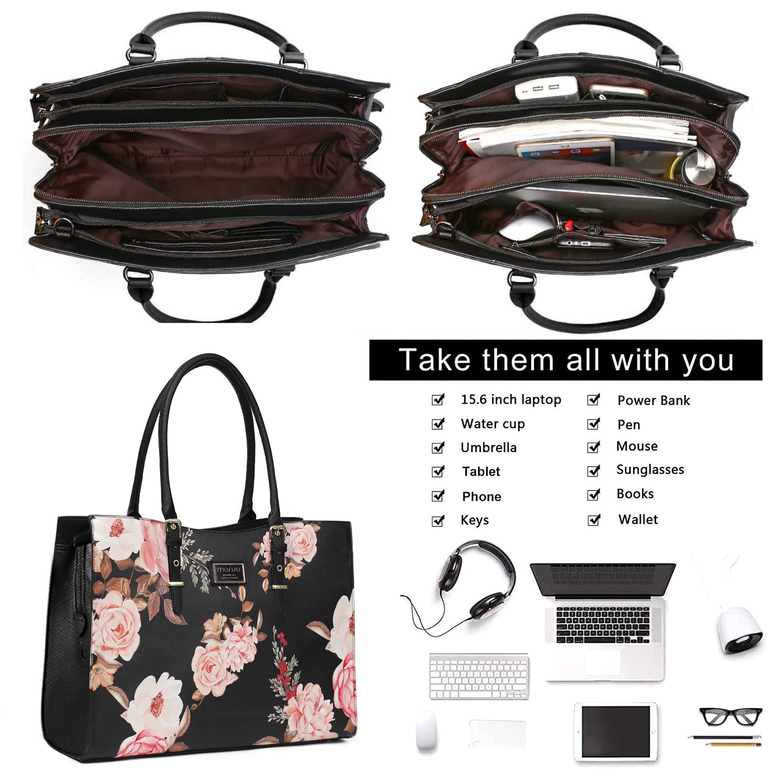 MOSISO Laptop Tote Bag Compatible with MacBook, 17-17.3 inch Notebook and Chromebook, Peony Waterproof PU Leather Travel Work Briefcase with Adjustable PU Handle, Black