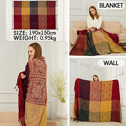 CaptainRay Bohemian Tribal Throws Blankets Reversible Colorful Red Blue Boho Hippie Chenille Jacquard Fabric Throw Covers Large Couch Furniture Sofa Chair Loveseat Recliner Oversized (Red, S:75X60)