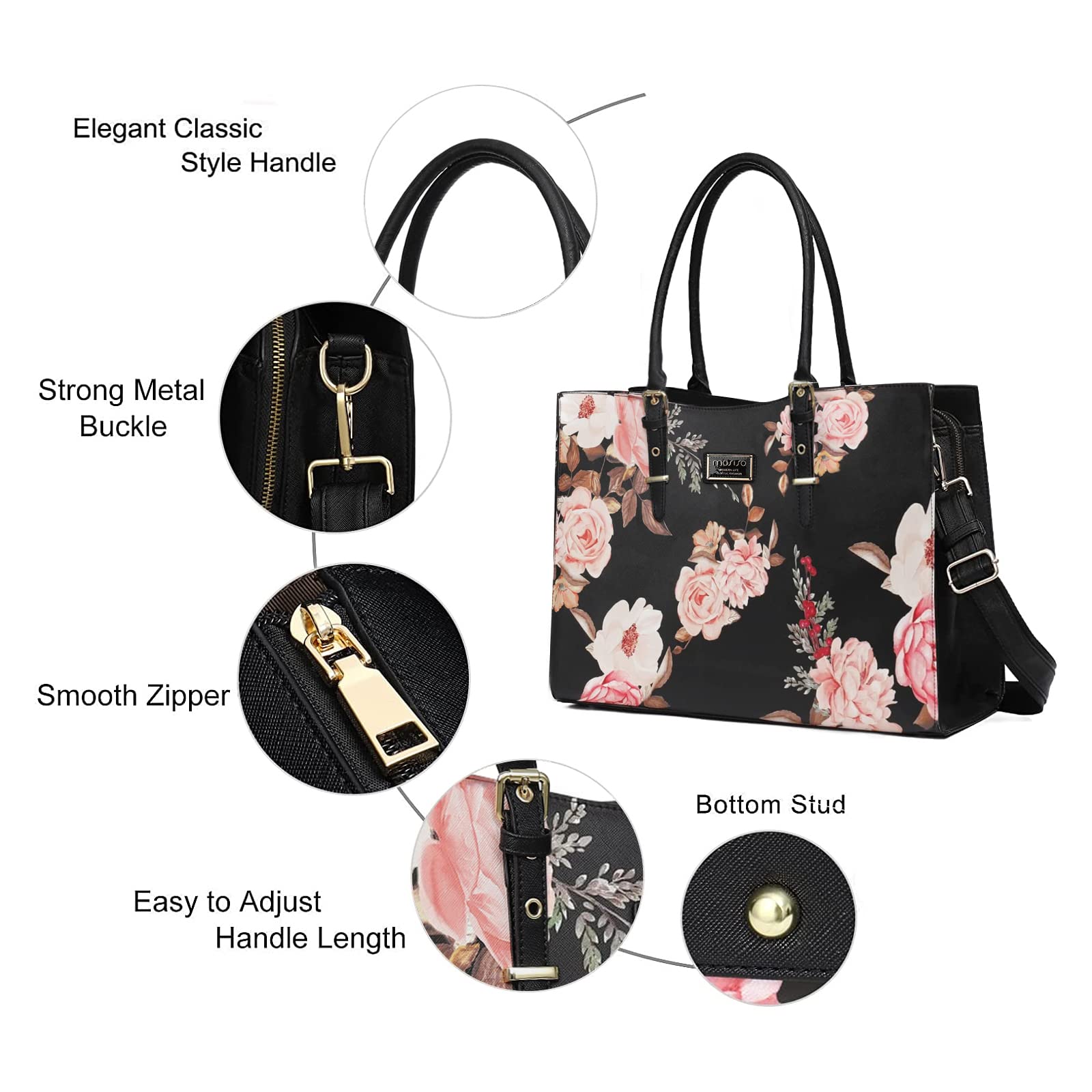MOSISO Laptop Tote Bag Compatible with MacBook, 17-17.3 inch Notebook and Chromebook, Peony Waterproof PU Leather Travel Work Briefcase with Adjustable PU Handle, Black