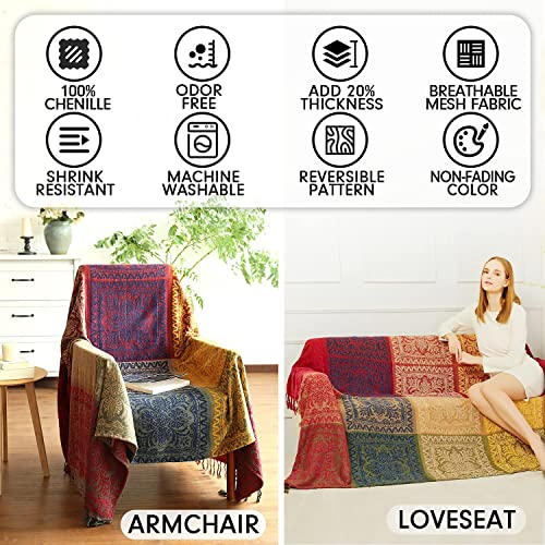 CaptainRay Bohemian Tribal Throws Blankets Reversible Colorful Red Blue Boho Hippie Chenille Jacquard Fabric Throw Covers Large Couch Furniture Sofa Chair Loveseat Recliner Oversized (Red, S:75X60)