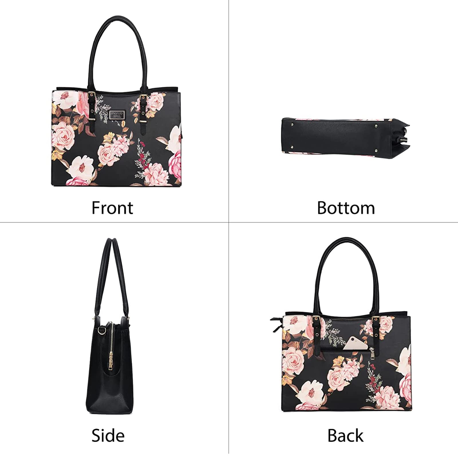 MOSISO Laptop Tote Bag Compatible with MacBook, 17-17.3 inch Notebook and Chromebook, Peony Waterproof PU Leather Travel Work Briefcase with Adjustable PU Handle, Black