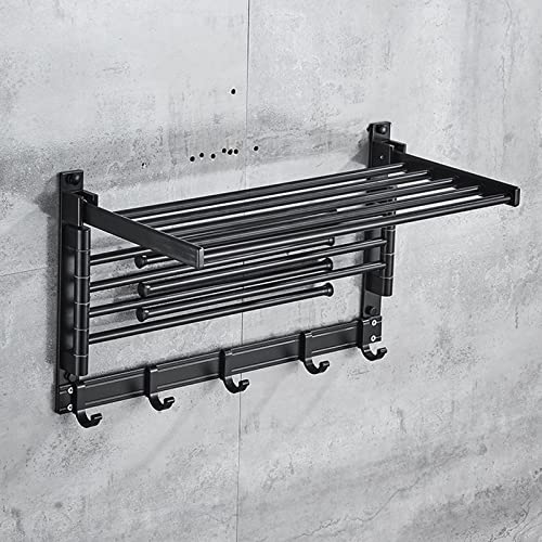 Gtouse Stainless Steel Towel Rack,23 Inch Bathroom Towel Rack with Shelf,Foldable Towel Shelf with Movable Hooks Rustproof Towel Storage Wall Mount for Bathroom Lavatory Matte Black