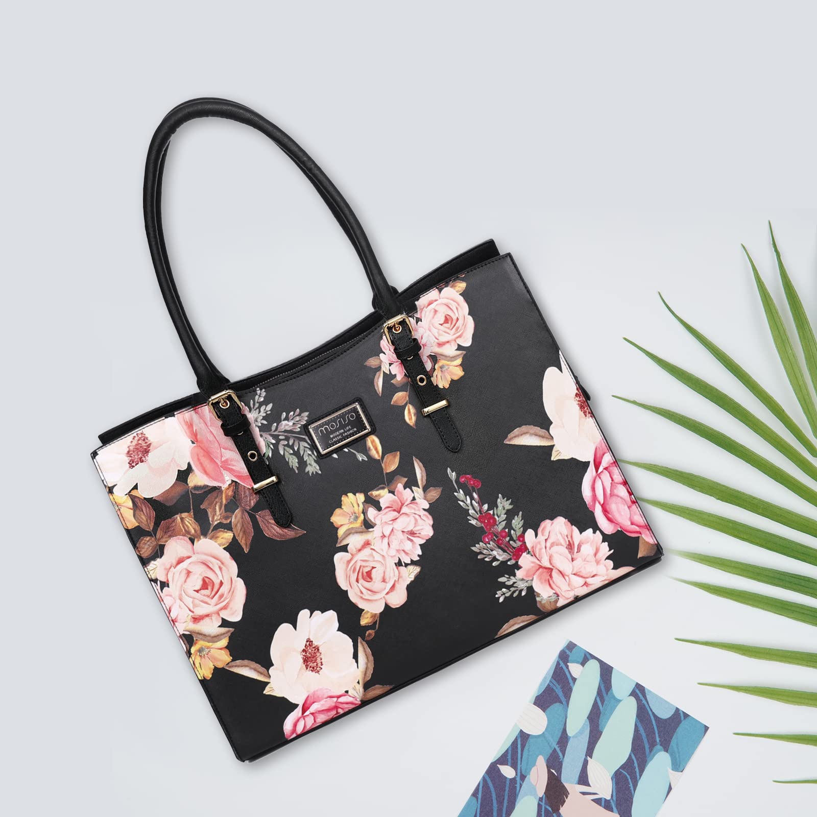 MOSISO Laptop Tote Bag Compatible with MacBook, 17-17.3 inch Notebook and Chromebook, Peony Waterproof PU Leather Travel Work Briefcase with Adjustable PU Handle, Black