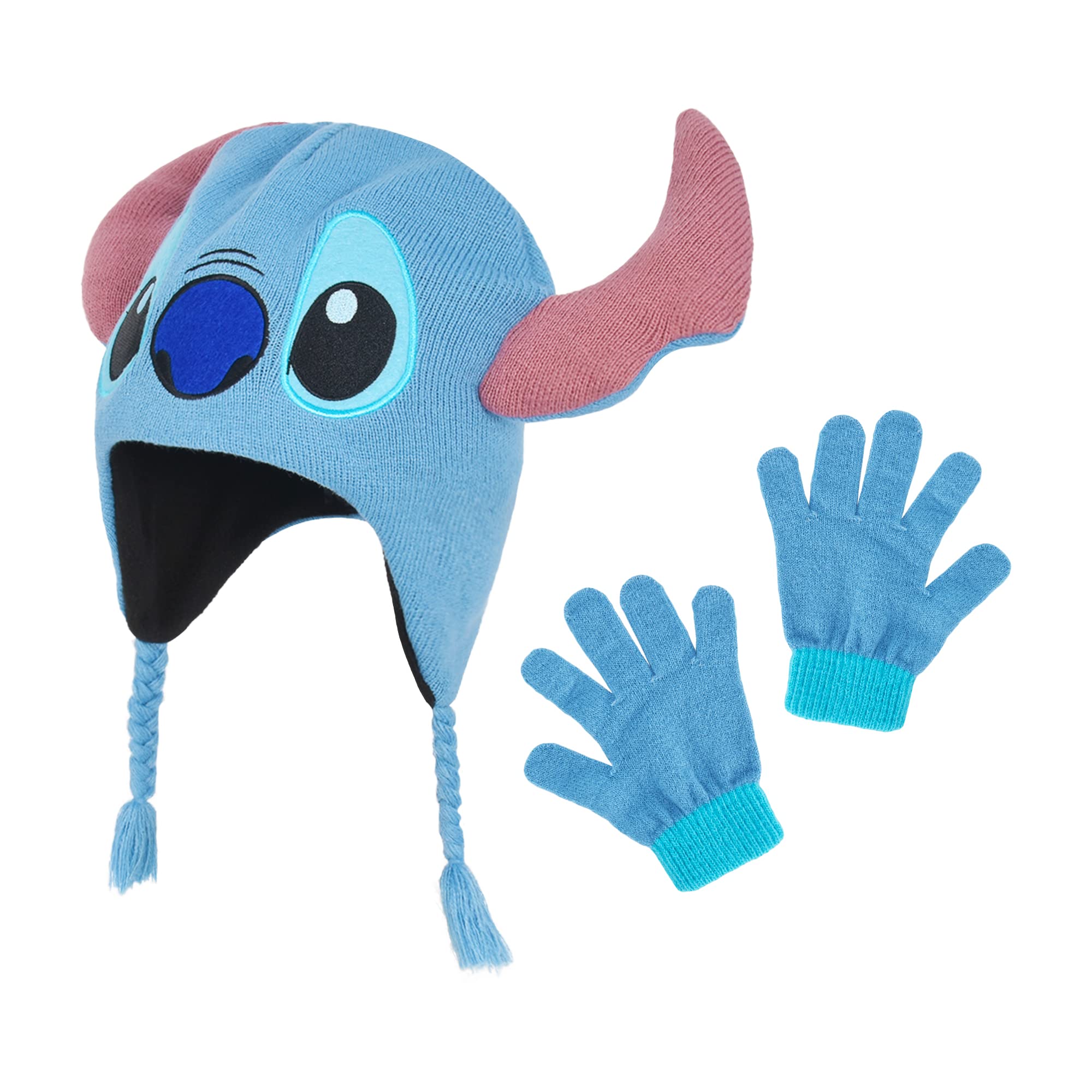 Disney Lilo and Stitch Kids Peruvian Beanie Cap and Glove Set, Winter Hat with Tassels, Blue, One Size
