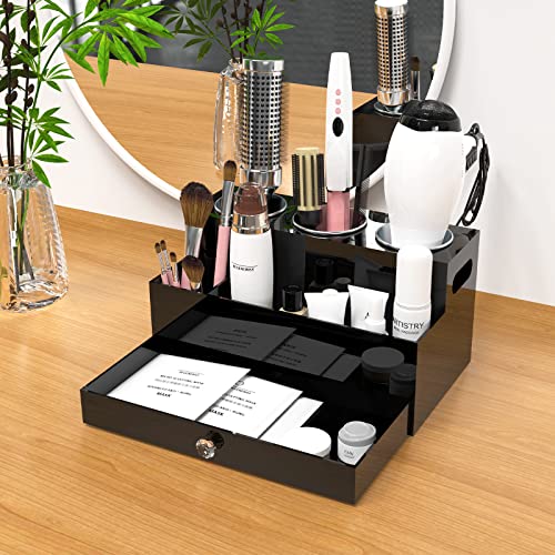 Hair Tool Organizer, ILYXY Acrylic Hair Dryer Holder with Large Space Drawer, Hair Organizer Storage with 3 Stainless Steel Cups, Shiny Black Hot Tools Organizer Vanity Caddy Storage