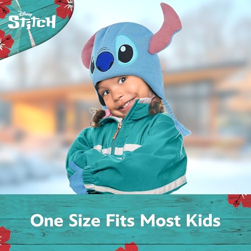 Disney Lilo and Stitch Kids Peruvian Beanie Cap and Glove Set, Winter Hat with Tassels, Blue, One Size