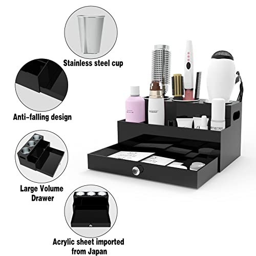 Hair Tool Organizer, ILYXY Acrylic Hair Dryer Holder with Large Space Drawer, Hair Organizer Storage with 3 Stainless Steel Cups, Shiny Black Hot Tools Organizer Vanity Caddy Storage