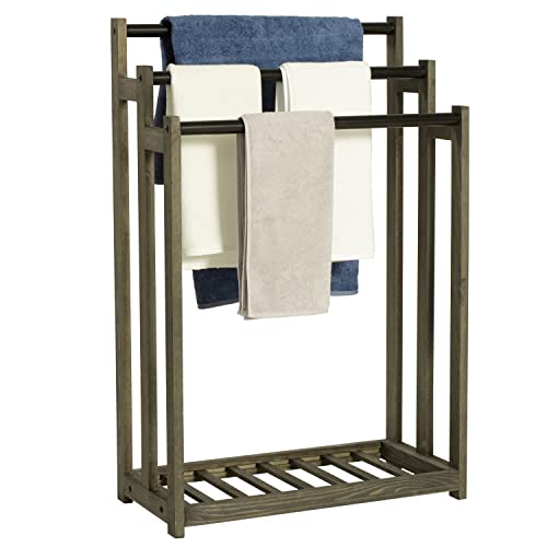 MyGift 3 Tier Matte Black Metal Bar Bath Towel Holder on Vintage Gray Solid Wood Frame Stand with Slatted Storage Shelf, Floor Standing Bathroom Drying Rack