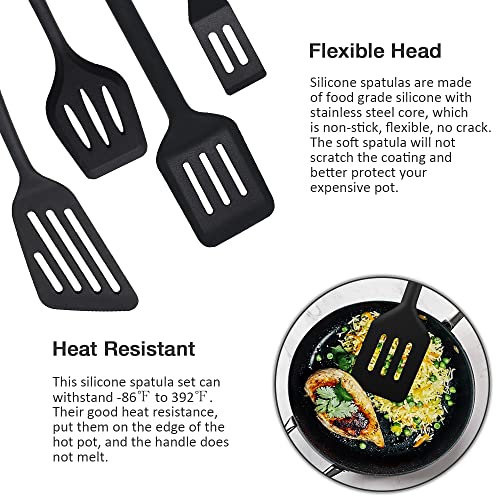 Silicone Spatula Set of 4 - Non-stick Pan Silicone Spatula Turner, Silicone Slotted Fish Turner Easy to Clean, Slotted Spatula for Eggs, Pancakes, Omelets
