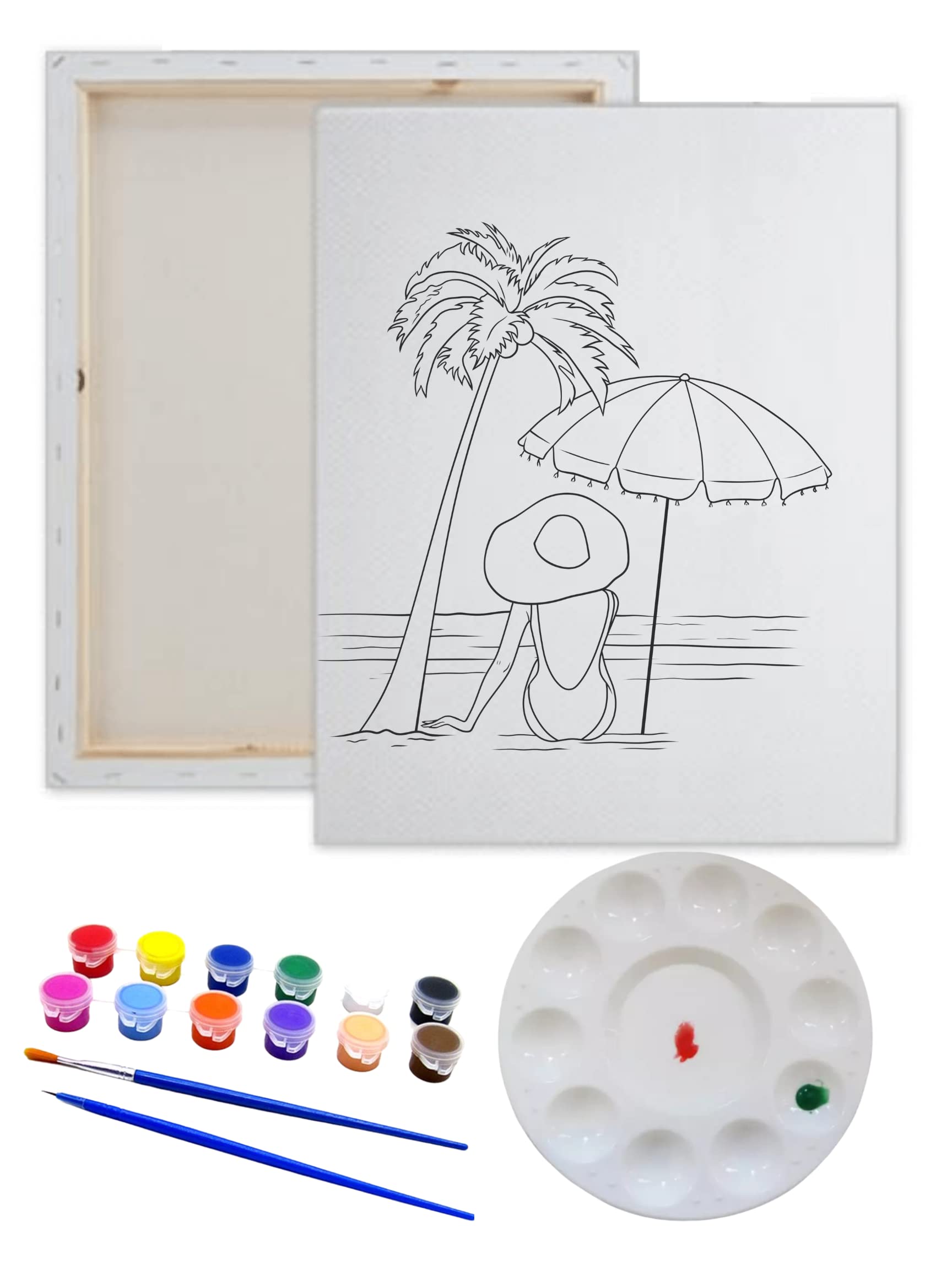 Essenburg Pre Drawn Canvas Paint Kit | Teen, Kids and Adult Sip and Paint Party | DIY Date Night Couple Activity| Canvas Boards for painting| Birthday Party Beach Lady ((S 8X10 & 12 COLORS OF PAINT))