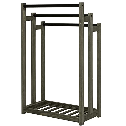 MyGift 3 Tier Matte Black Metal Bar Bath Towel Holder on Vintage Gray Solid Wood Frame Stand with Slatted Storage Shelf, Floor Standing Bathroom Drying Rack