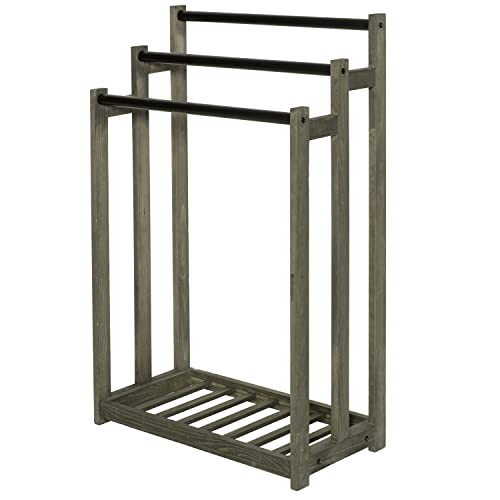 MyGift 3 Tier Matte Black Metal Bar Bath Towel Holder on Vintage Gray Solid Wood Frame Stand with Slatted Storage Shelf, Floor Standing Bathroom Drying Rack