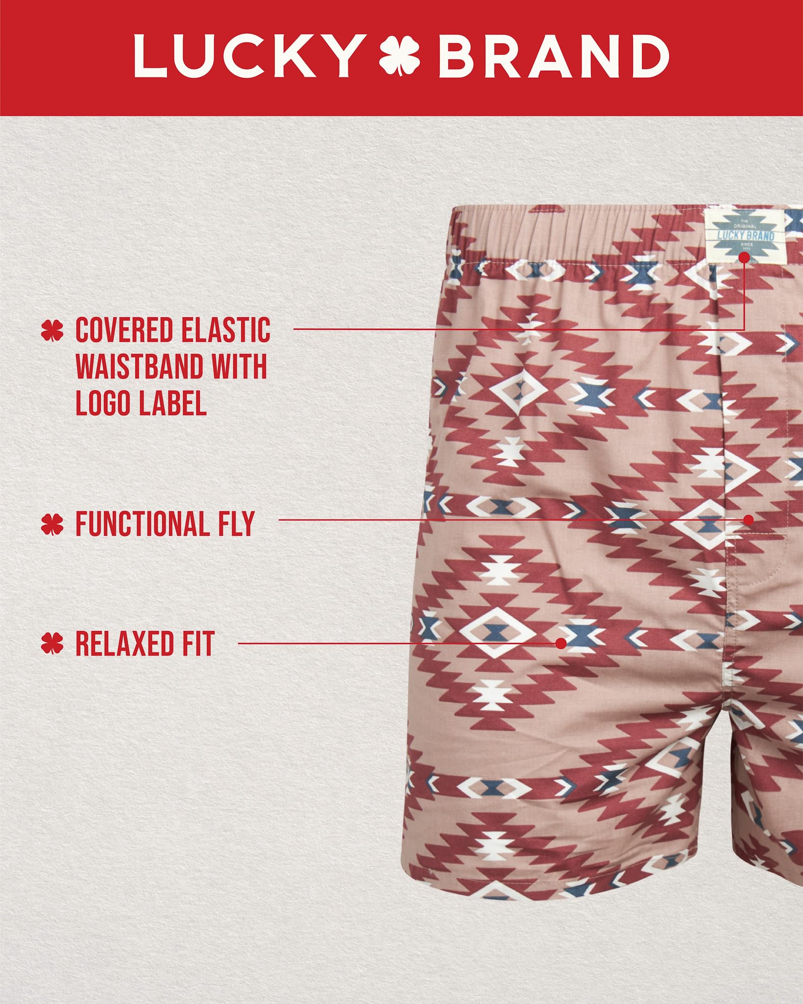 Lucky Brand Men's Boxer Shorts - 3 Pack Classic Cotton Woven Boxers for Men With Functional Fly, Relaxed Fit, Size Small, Plaid/Black Print/Red