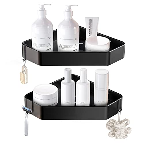 Corner Shower Caddy Organizer, 2 Pack Shower Shelves for Inside Shower, Adhesive Bathroom Wall Shower Organizer Accessories, Space Aluminum Corner Shower Shelf with 4 Hooks
