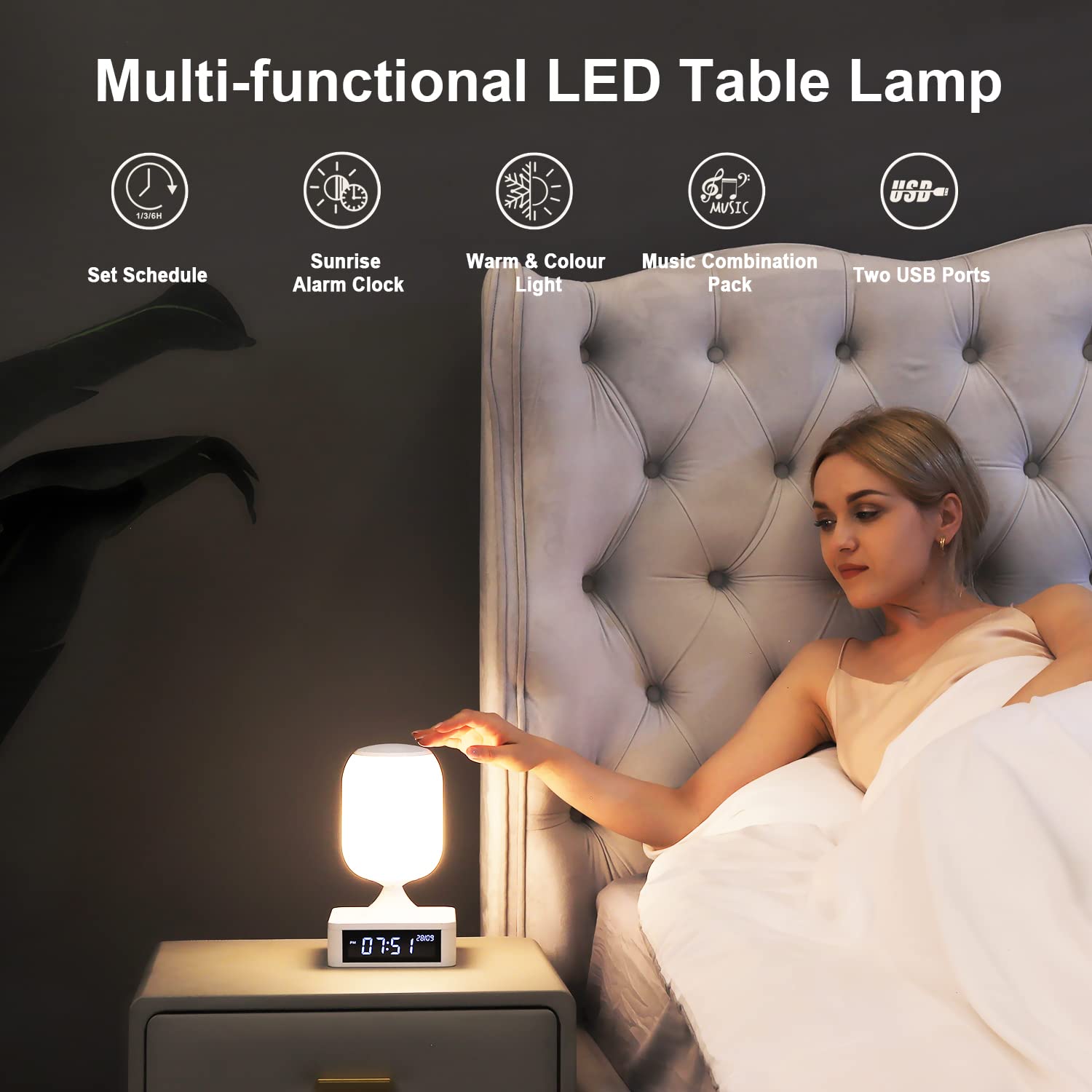 IVwarm Sleep Sound Machine Wake un Light,Smart Alarm Clock Sound Machine, Touch Control Nightstand Reading Light,APP Control Easy Setting Light with Dimmable Display and USB Charging Station
