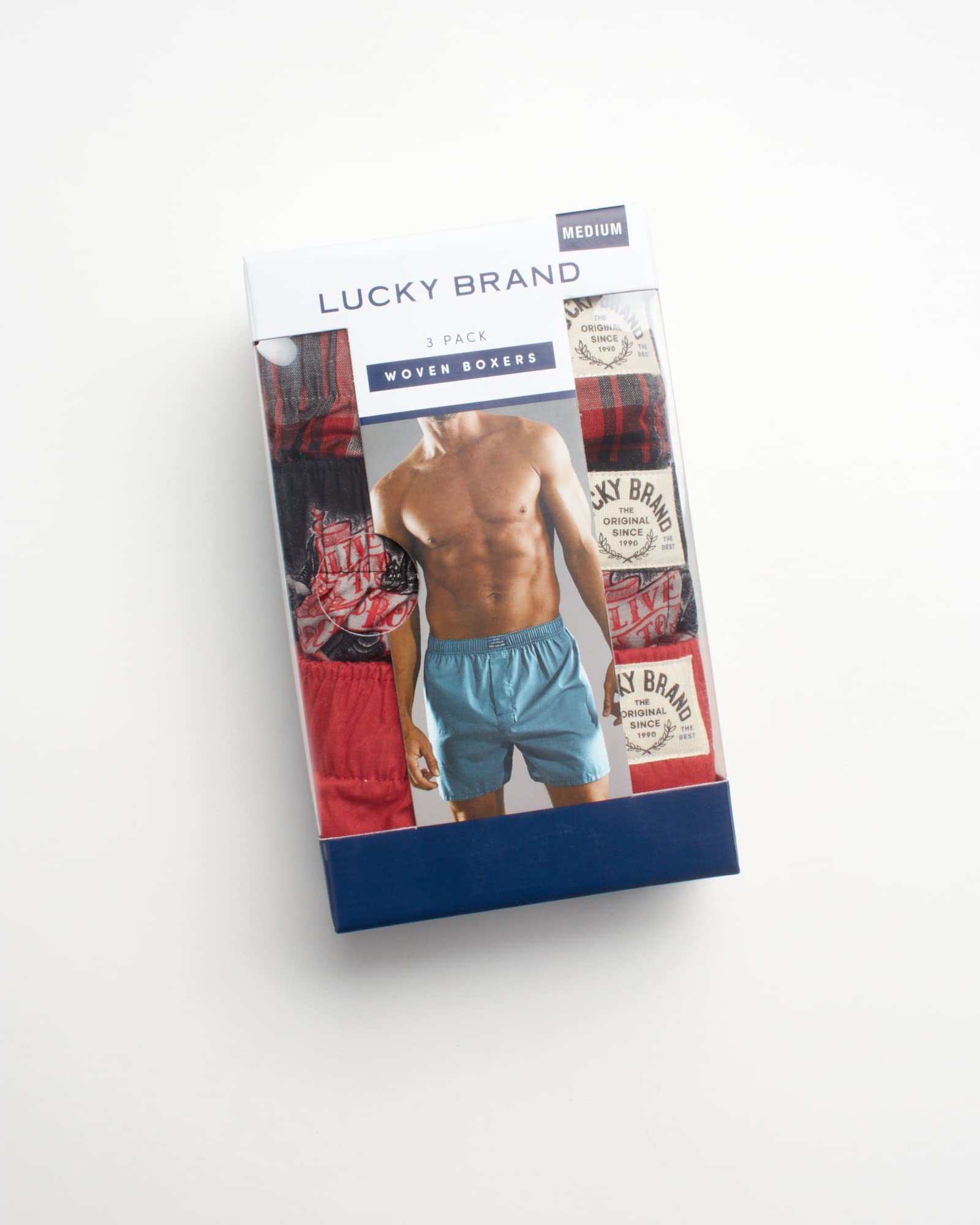 Lucky Brand Men's Boxer Shorts - 3 Pack Classic Cotton Woven Boxers for Men With Functional Fly, Relaxed Fit, Size Small, Plaid/Black Print/Red