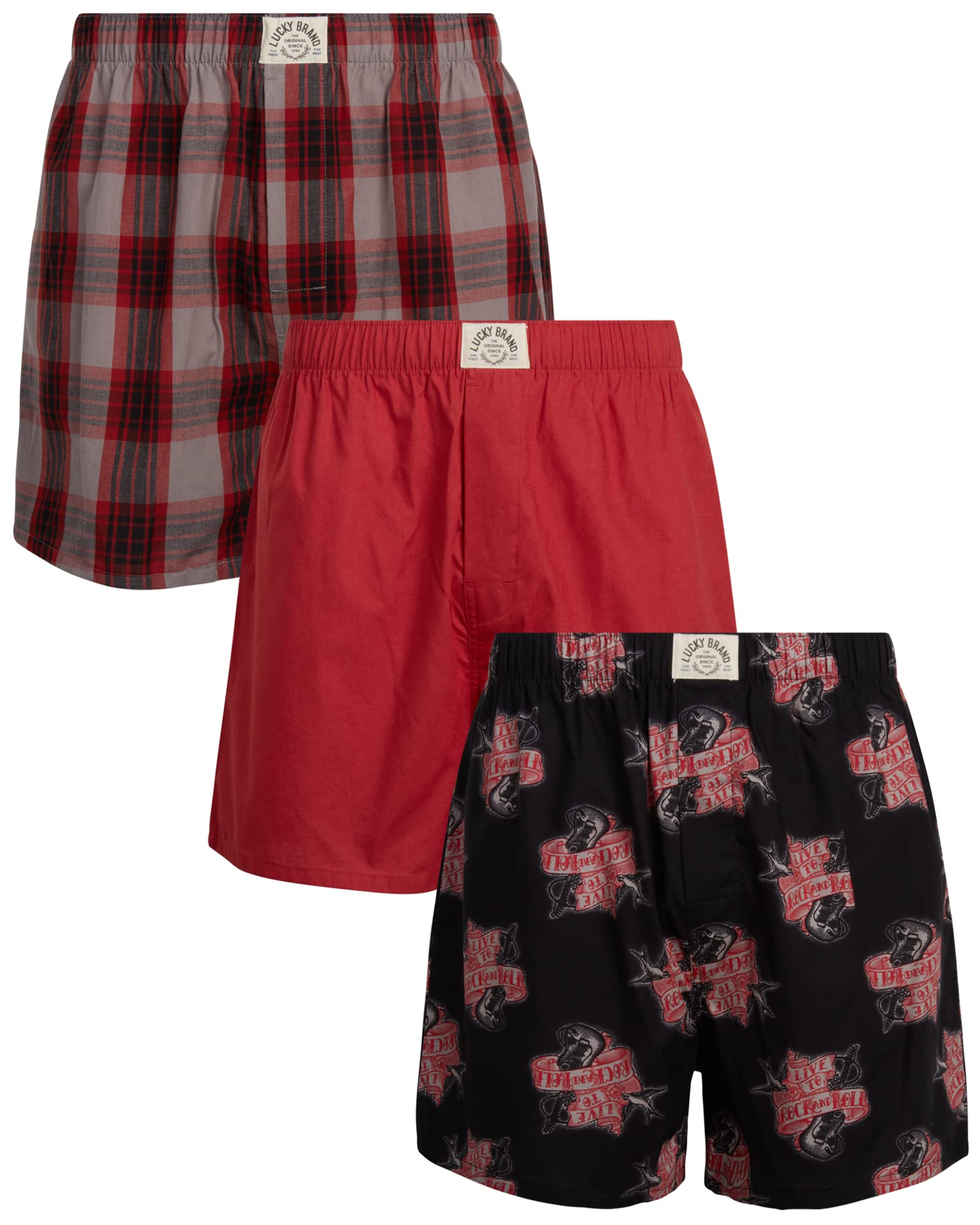 Lucky Brand Men's Boxer Shorts - 3 Pack Classic Cotton Woven Boxers for Men With Functional Fly, Relaxed Fit, Size Small, Plaid/Black Print/Red