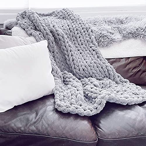 FACEBOX Chunky Knit Blanket 50"x60", Soft Cozy Chenille Throw Blanket, Large Cable Knit Throw Blanket for Bed, Sofa, Home Decor, Gift (Gray, 4.85 lbs)