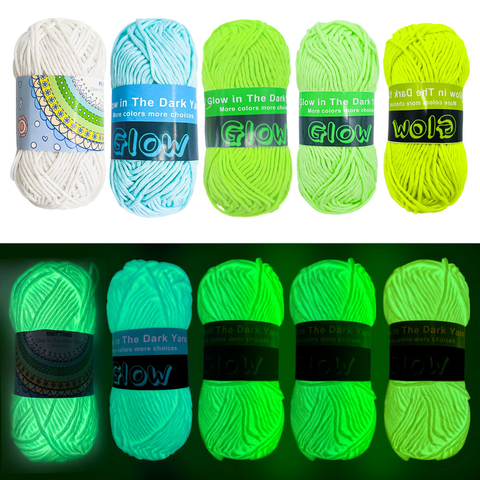 4 Pcs Glow in The Dark Yarn, Sewing Supplies,(55yd 50m) for Crocheting for DIY Arts, Crafts & Sewing Beginners Glow in The Dark Party (White Lemon Yellow Light Blue Light Green Green)