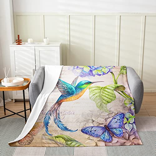 Hummingbird Flannel Blanket Watercolor Bird Butterfly Animal Lightweight Cozy Plush Blanket Vintage Purple Flowers Nature Plant Fuzzy Blanket for Chair Sofa,50"X60"