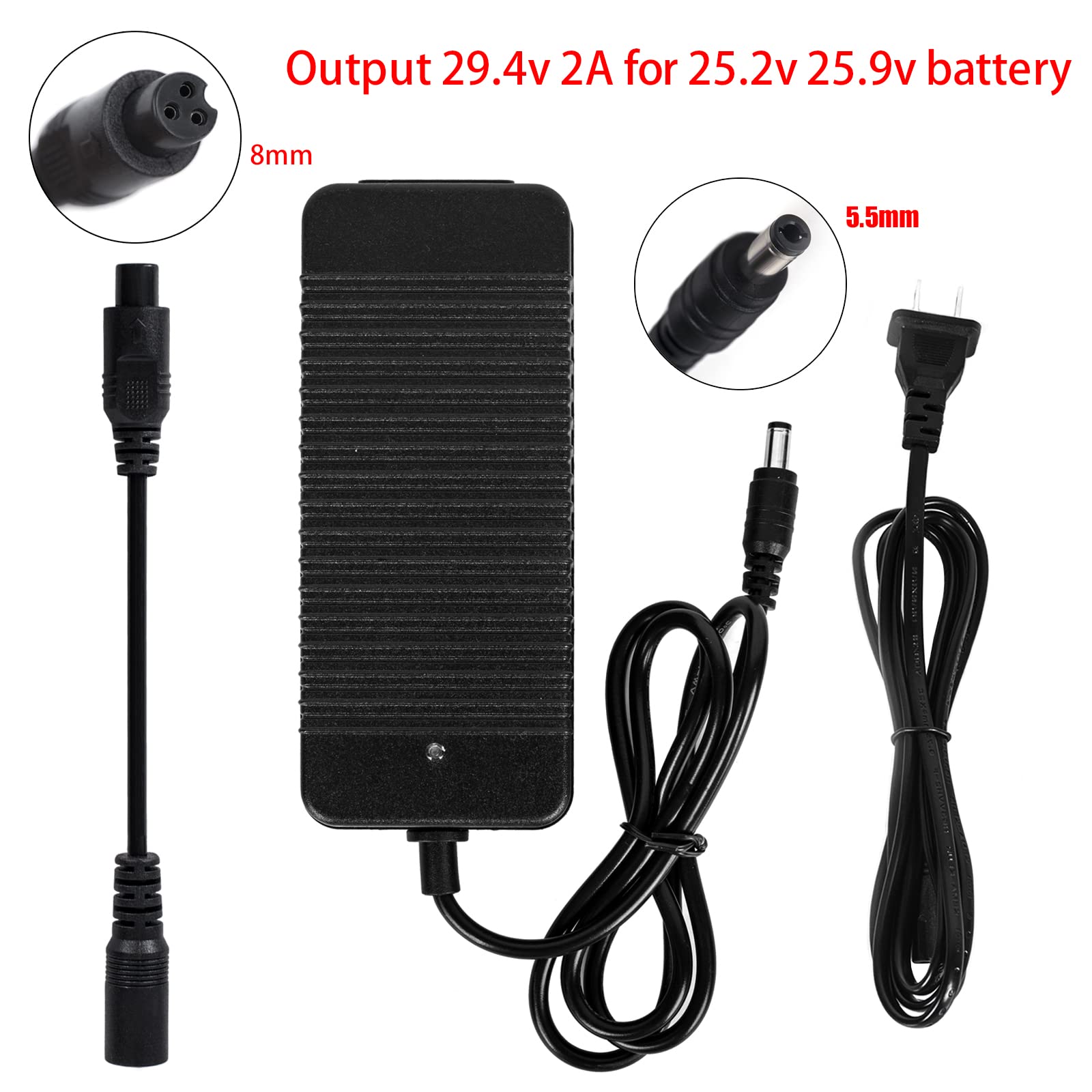 Gocpssg 29.4V 2A Charger for 25.2V 25.9V 25.6V 24v Lithium Battery 2 Plugs 1 Prong 5.5mm DC Plug and 8mm 3 Prong Connector